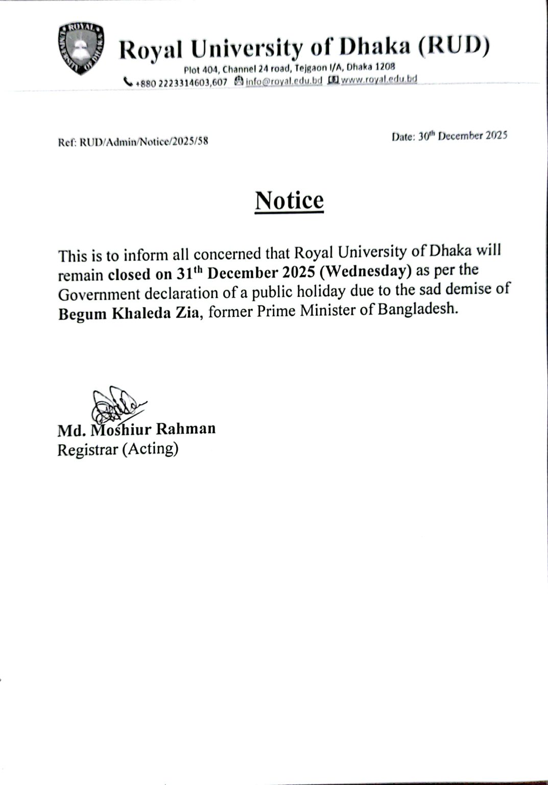 Notice On Public Holiday - Royal University Of Dhaka (RUD)
