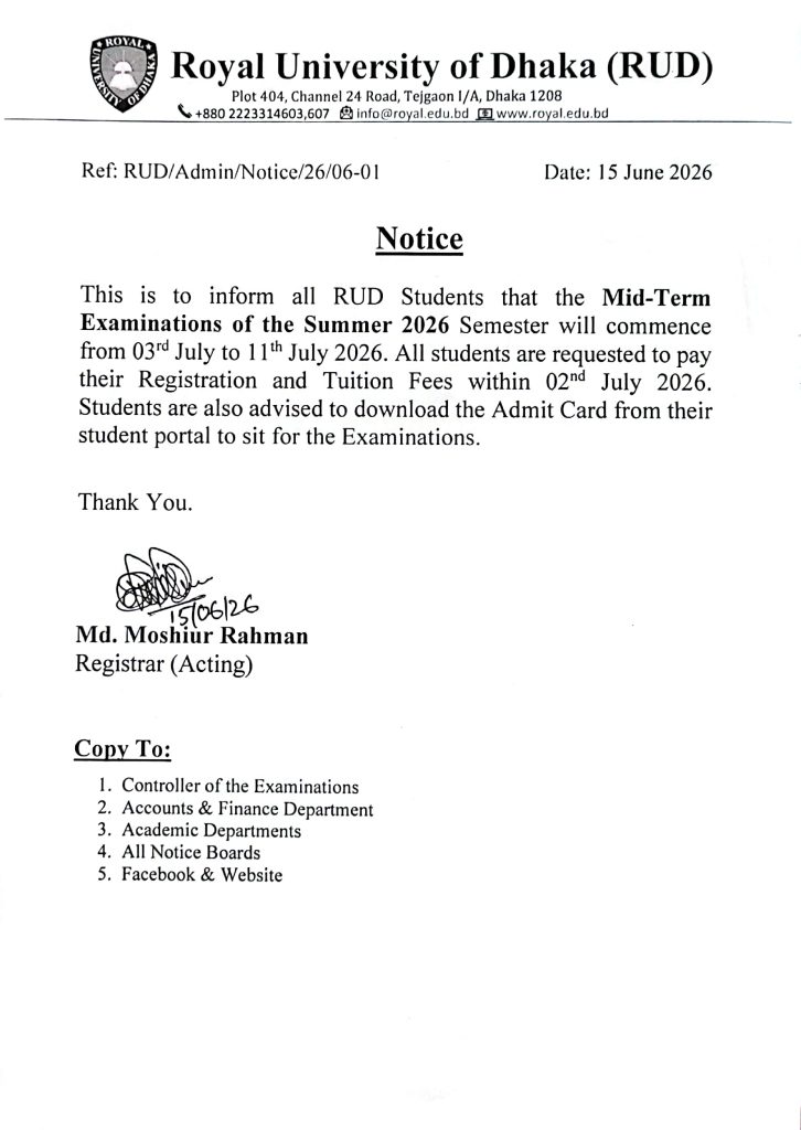 Notice On Mid-Term Examinations Of The Summer Semester 2026 - Royal ...